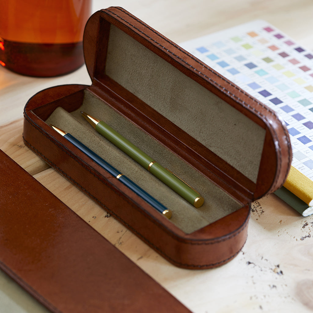 Leather Pen Box. Can personalise leather top. Protect a special pen.