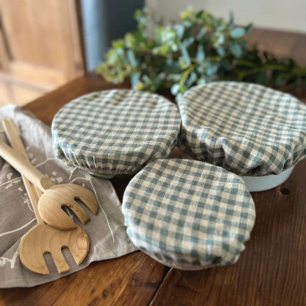 Reusable Linen Food Covers - Set Of Three Sea Green Check
