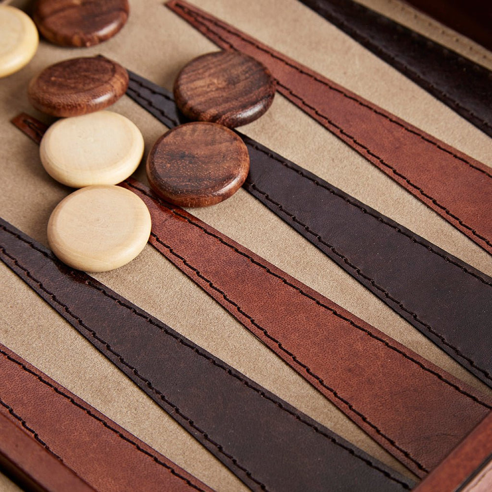 Backgammon Set. Created by hand from leather with wooden pieces