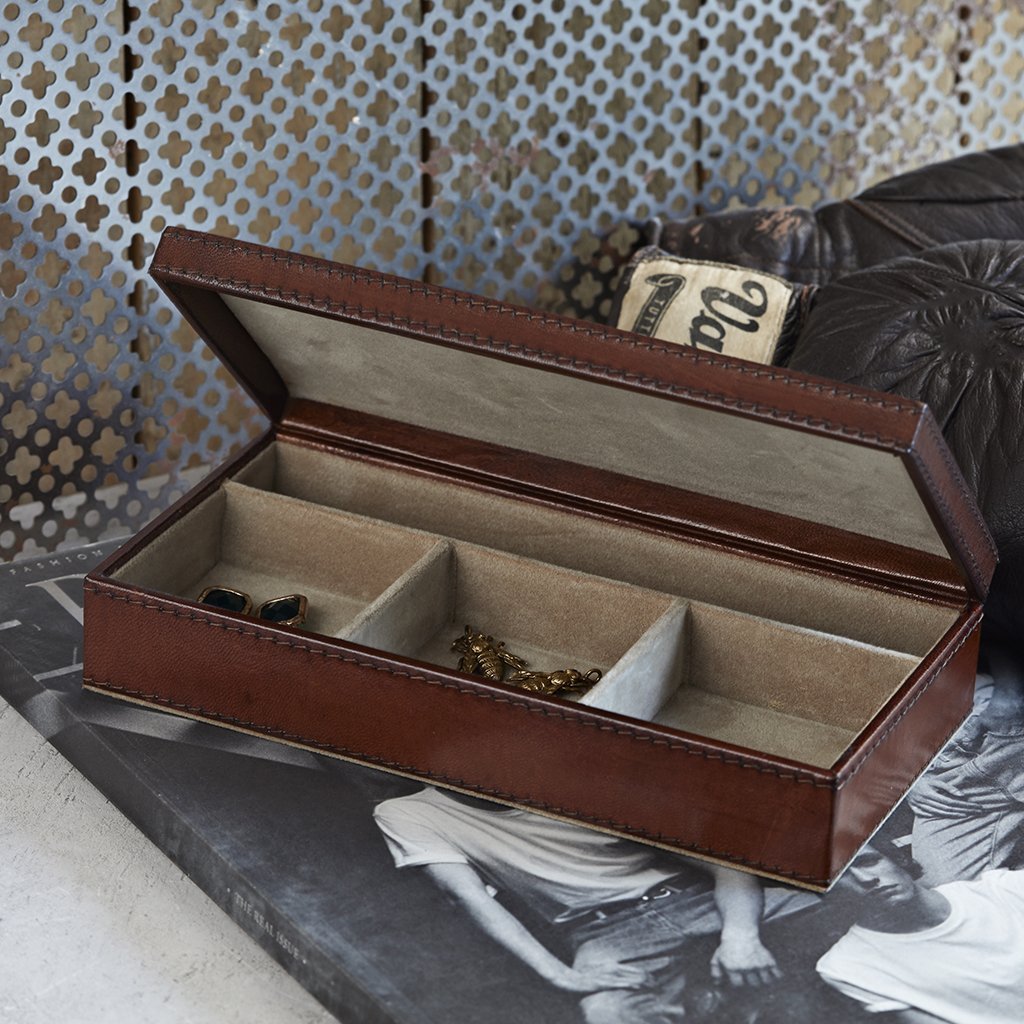 Leather Cufflink Box. Inner sections for collar and studs. Personalise