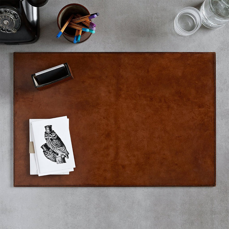Desk Accessories - conker brown leather desk mat, pen pot, box file