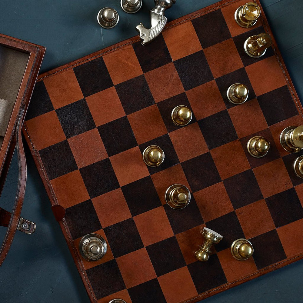 Handmade Leather Chess Board. Metal playing pieces included.