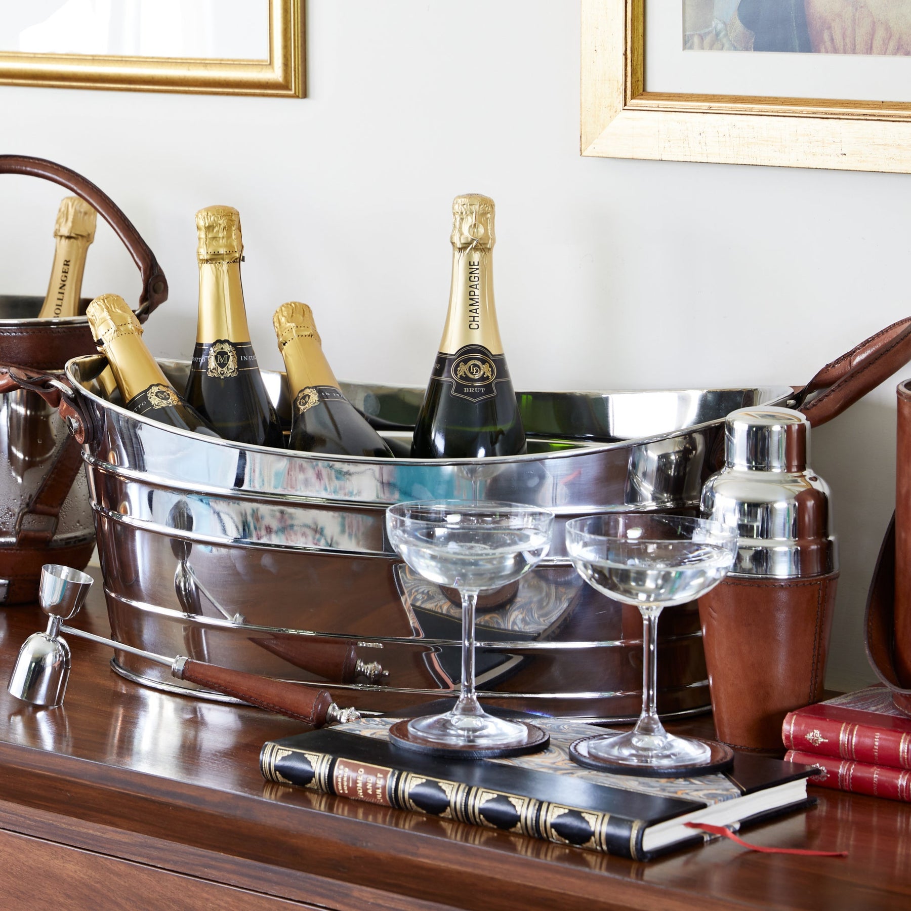 Entertain with leather bar ware, trays, cocktail tools and drinks case