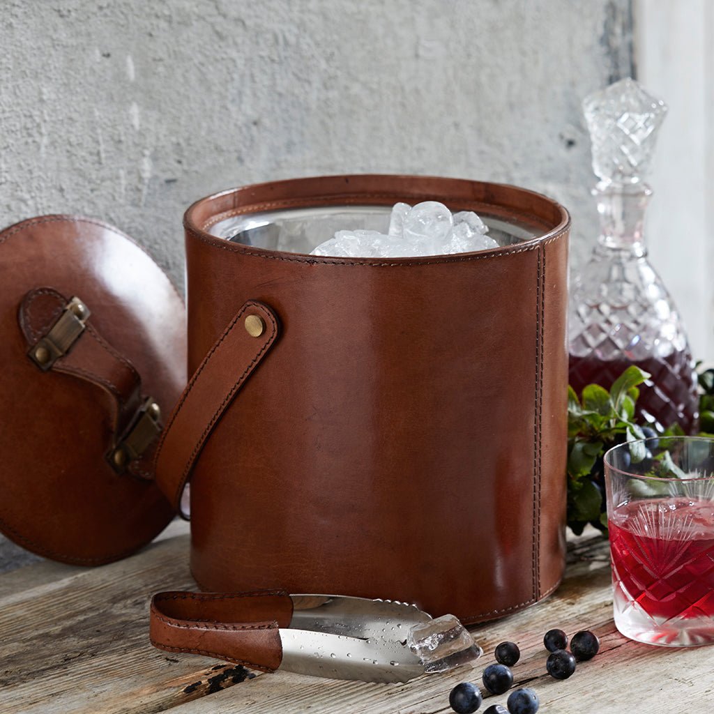 Leather Bound Ice Bucket. Matching bar tools. For entertaining