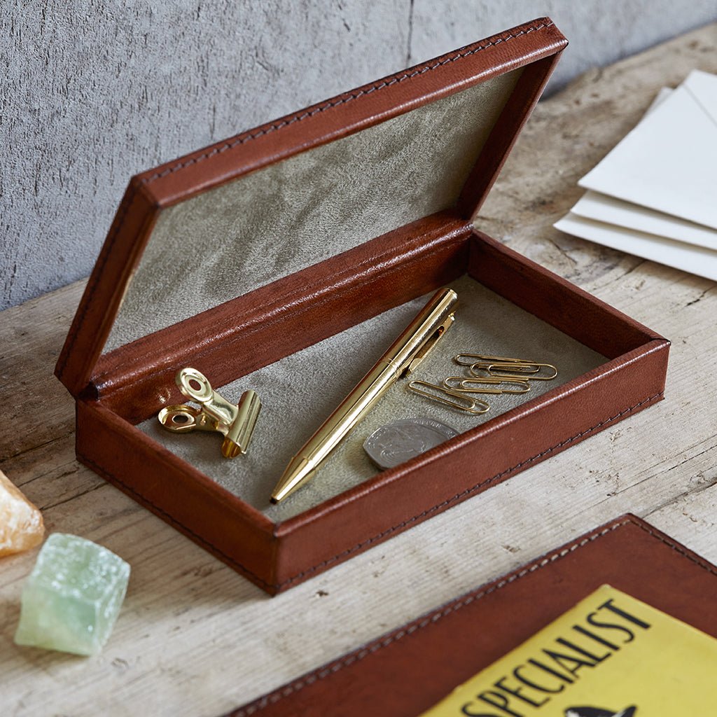Leather Memento Box -pens on desk, keys in a hallway, bedside storage