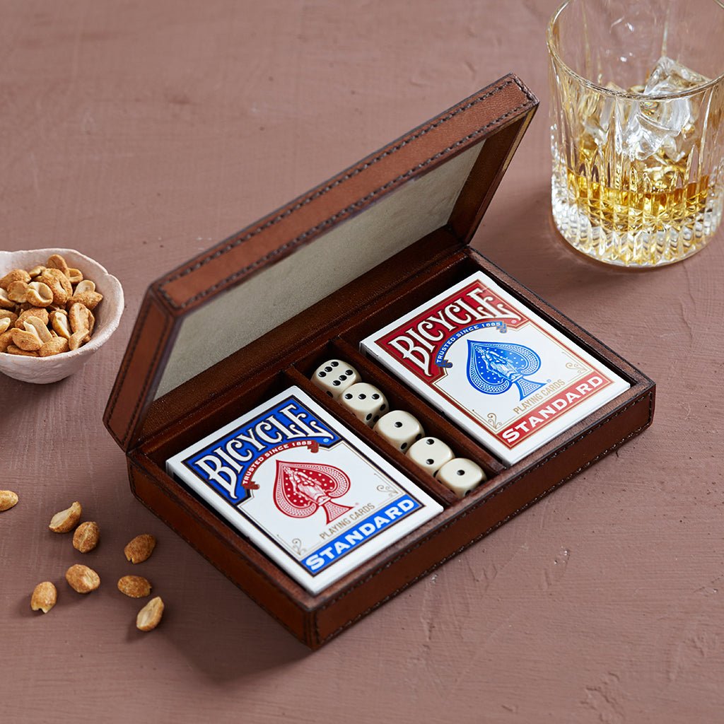 Personalised Leather Playing Card and Dice Box. includes cards dice
