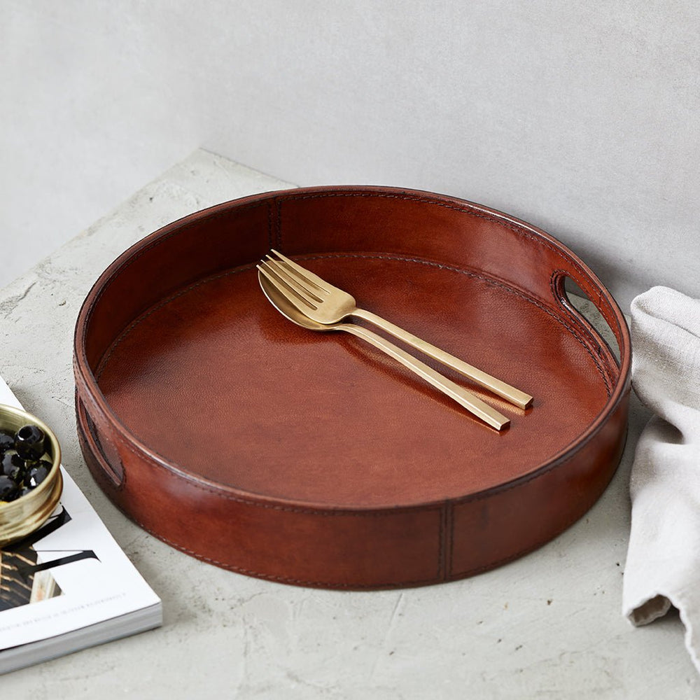 Round Leather Drinks Tray. Perfect gift. For tea or cocktails in style