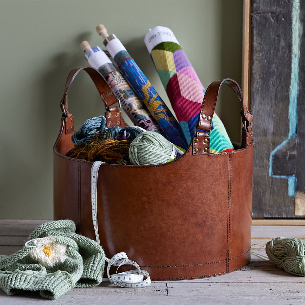 Round Leather Storage Basket - Kindling, Haberdashery, Hobbies Storage