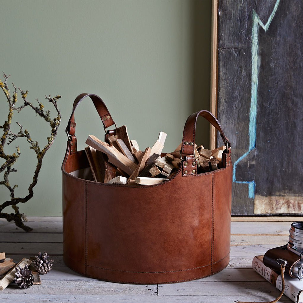 Round Leather Storage Basket - Kindling, Haberdashery, Hobbies Storage