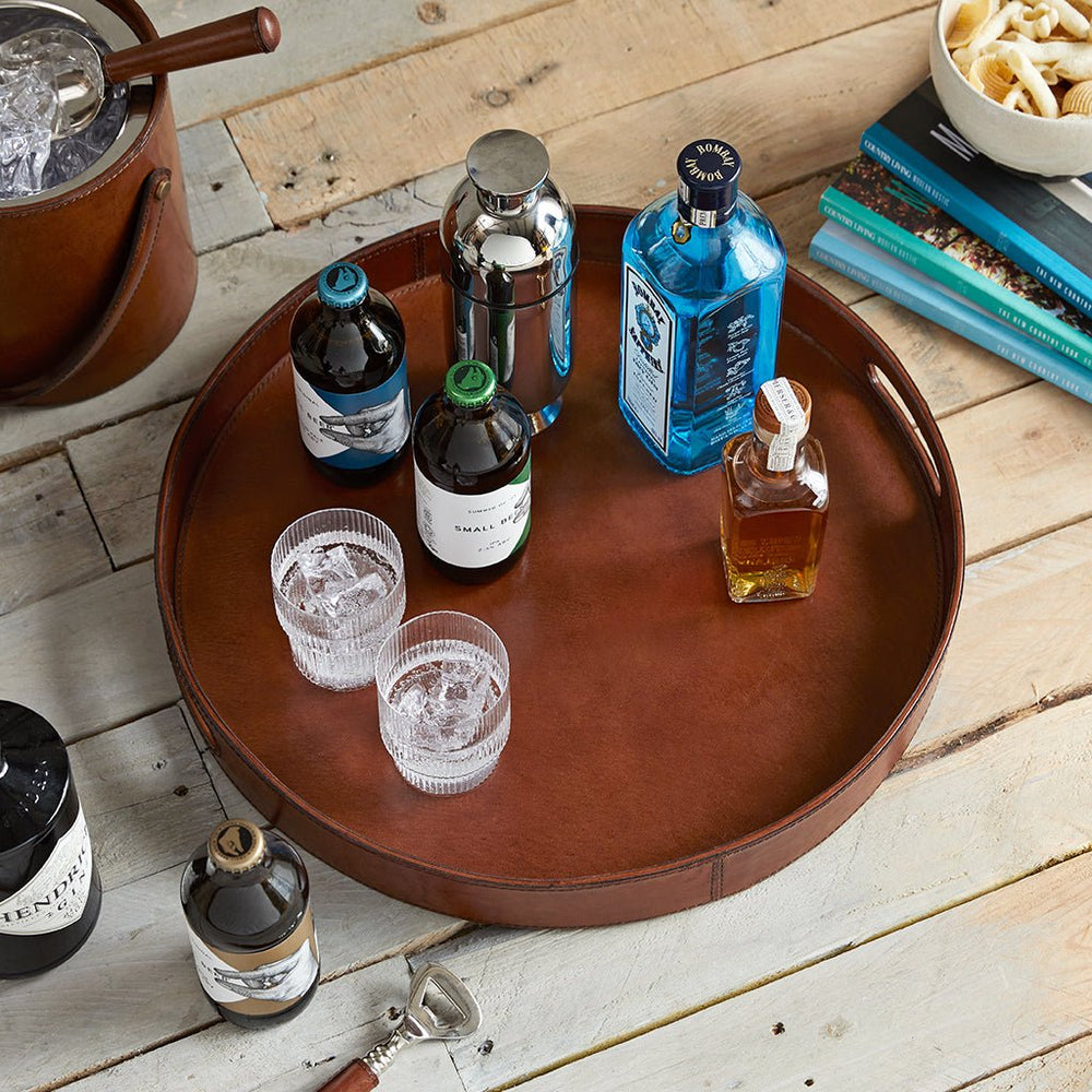 Round Leather Serving Tray. Matching drinks tray available