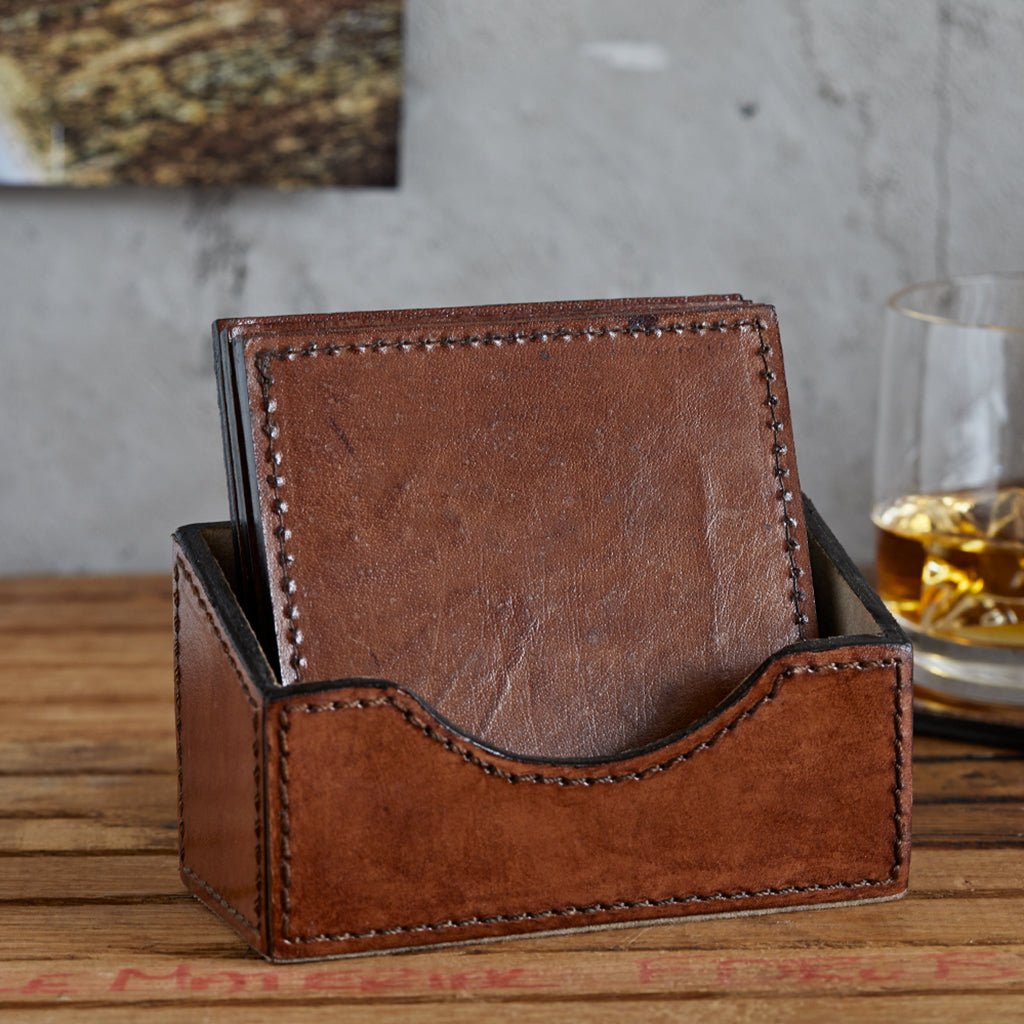 Leather Coasters in Holder. Both sides leather. Fast shipping