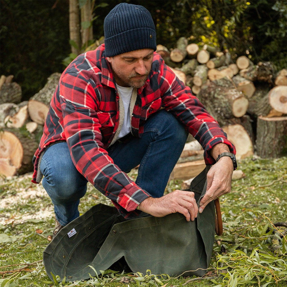 Waxed Canvas & Leather Handled Log Bag With Matching Log Carrier