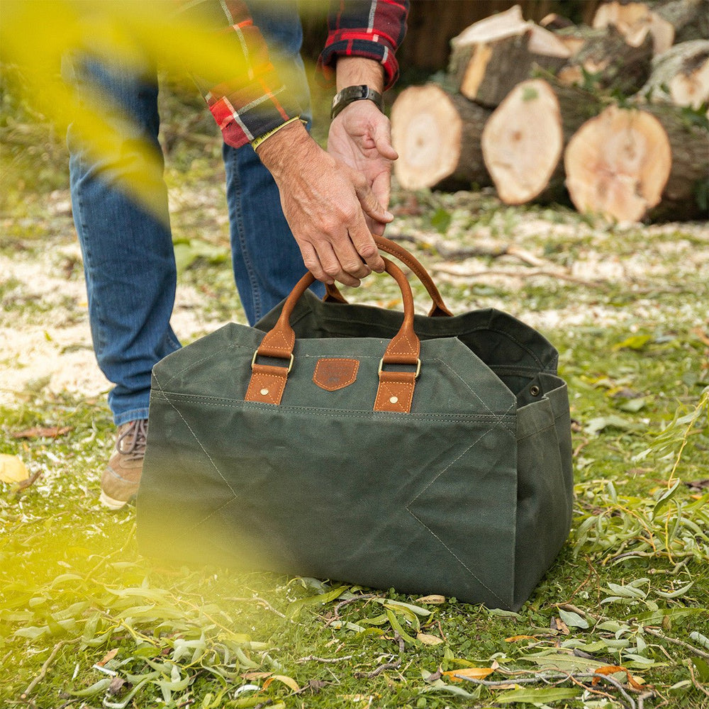 Waxed Canvas & Leather Handled Log Bag With Matching Log Carrier