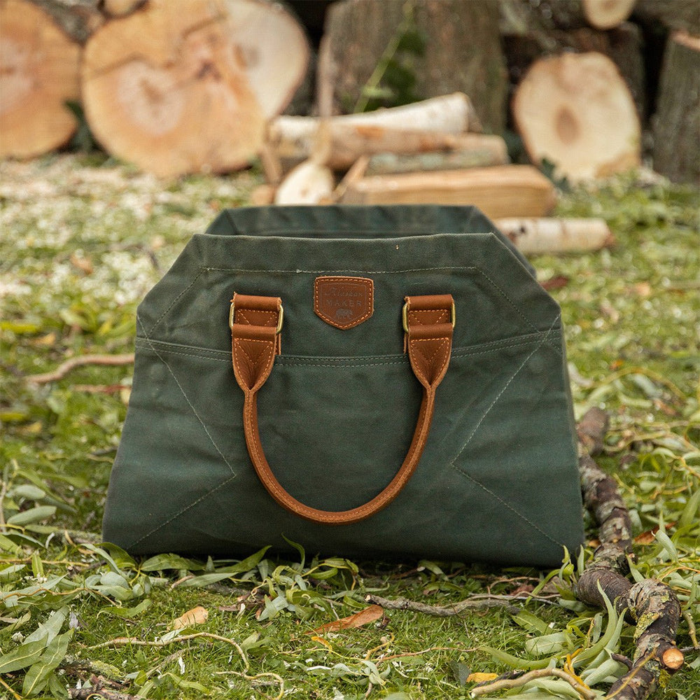 Waxed Canvas & Leather Handled Log Bag With Matching Log Carrier