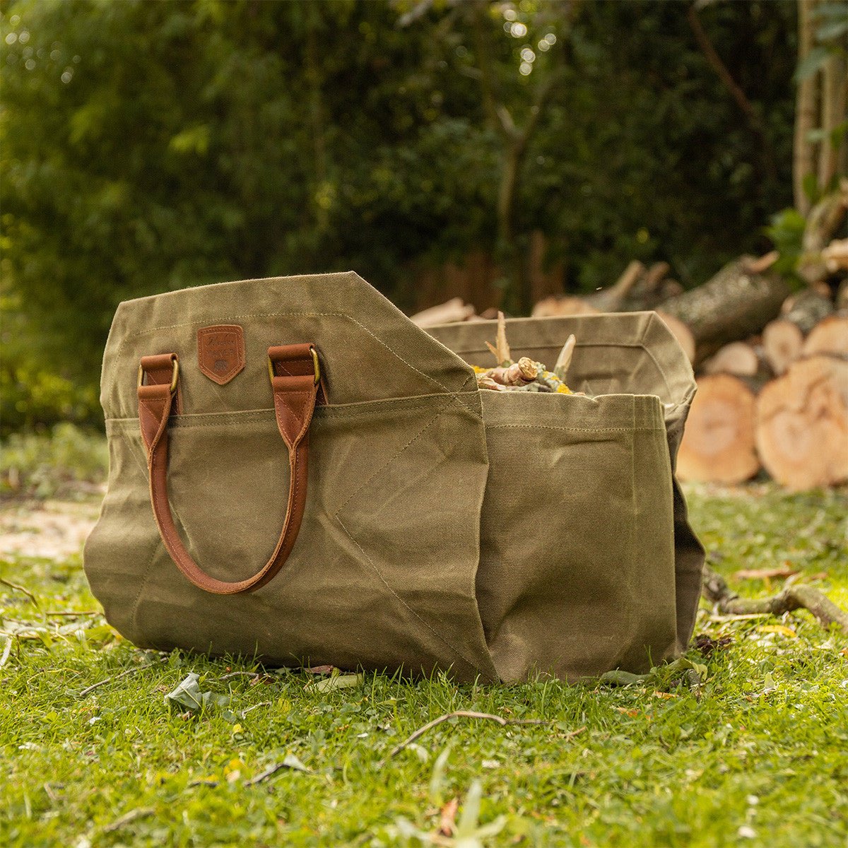 Waxed Canvas & Leather Handled Log Bag With Matching Log Carrier
