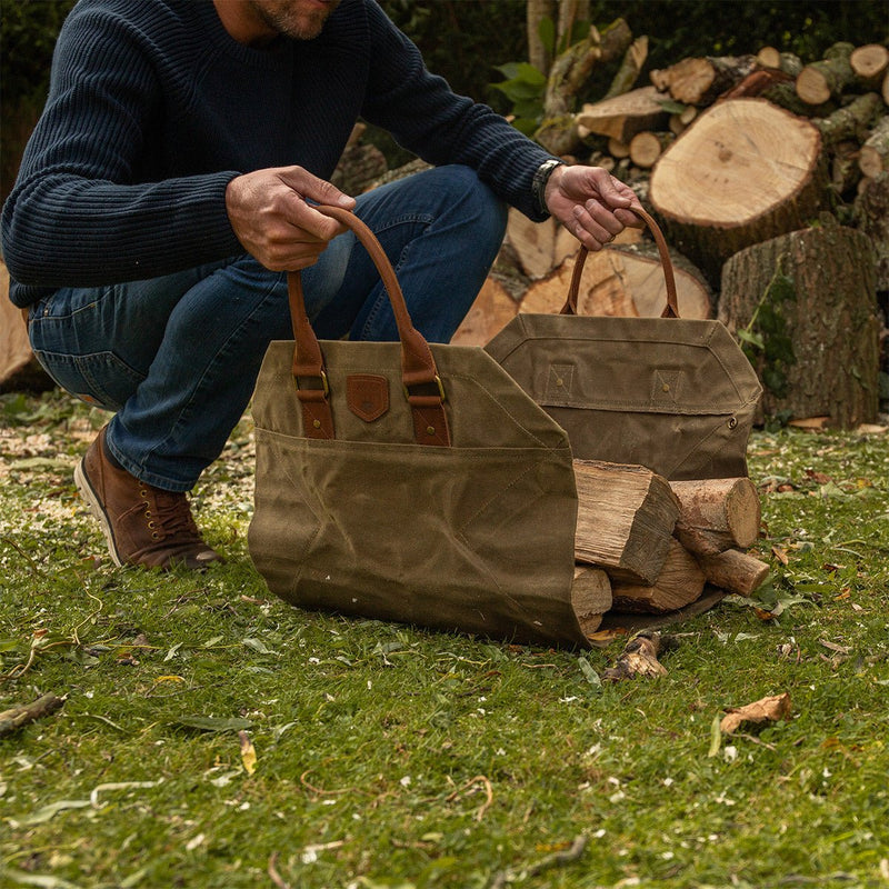 Waxed Canvas & Leather Handled Log Bag With Matching Log Carrier