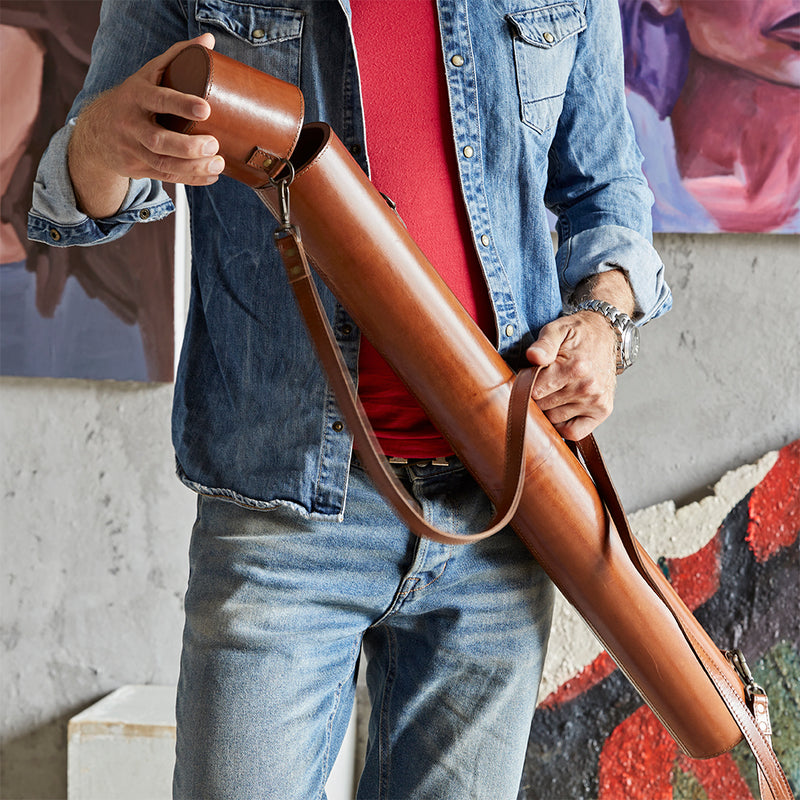 Leather Cylinder Map Document Case. Removable lid. Leather Carry strap