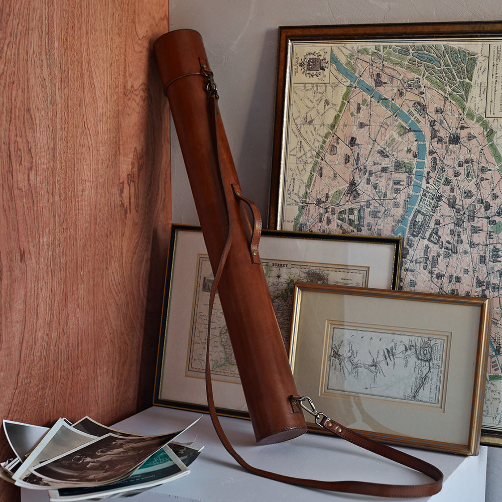 Leather Cylinder Map Document Case. Removable lid. Leather Carry strap