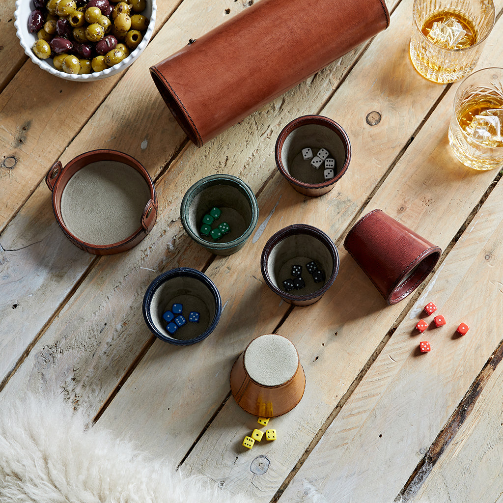 All Leather Perudo - six coloured dice and cups in cylindrical case